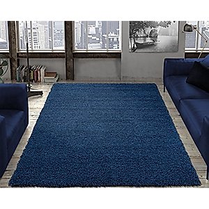 Sweethome Stores Cozy Collection Plush Luxurious Solid Navy Solid Design (5' X 7') Shag Living Room & Bedroom Area Rug