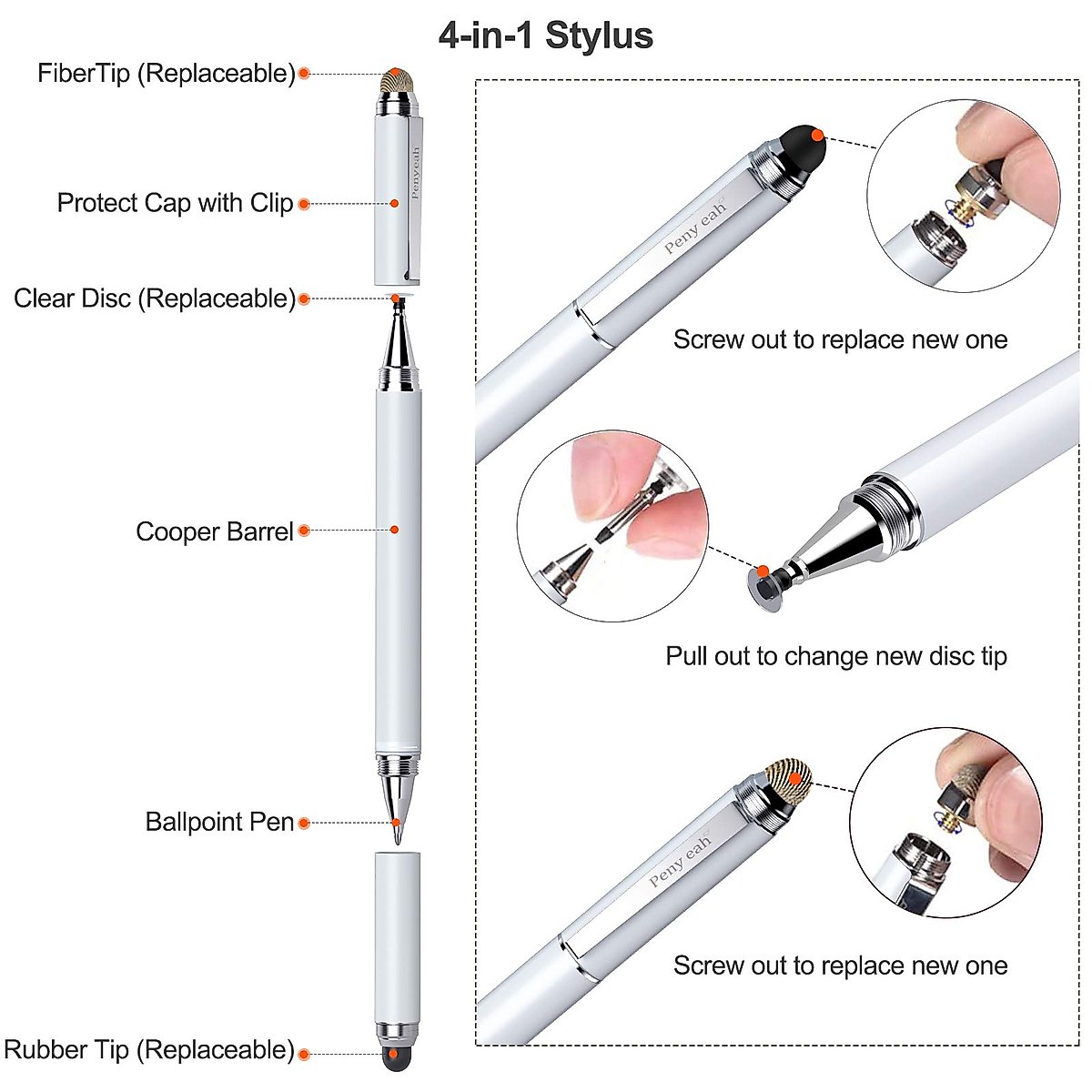 Stylus for Touch Screens - Penyeah DIY 4-in-1 High Sensitivity and Precision Disc Stylus Pen, Universal for iPad, iPhone, Tablets All Capacitive Touch Screens with 4 Replacement Tips - White