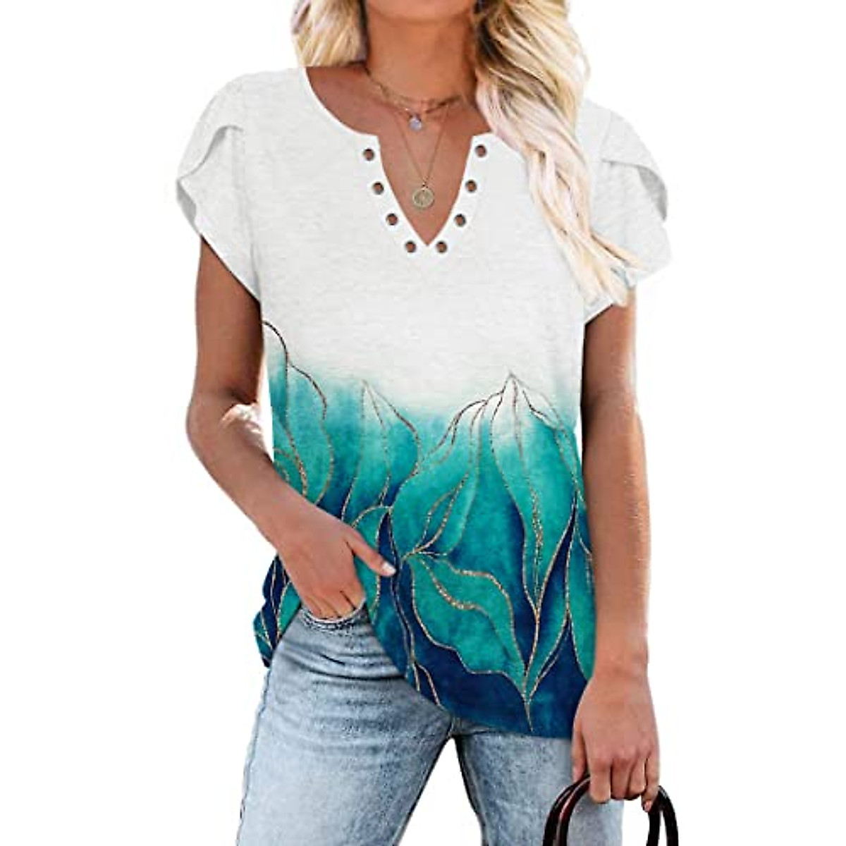 Womens Basic Casual T-Shirts Ring Hole V Neck Petal Short Sleeve Tops Loose Comfy Tunic Tops