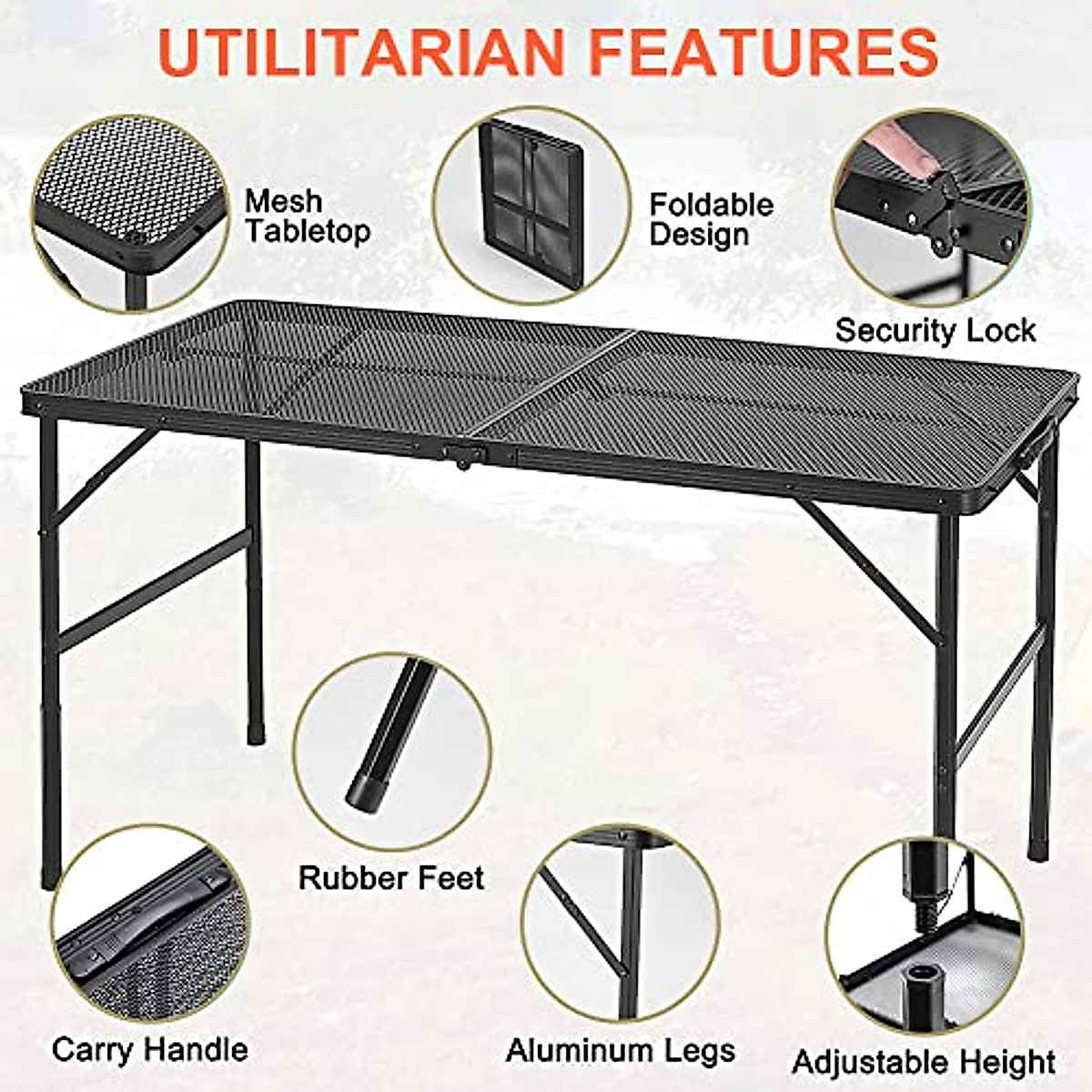 MIGOSEN Outdoor Picnic Folding Camping Table，Folding Grill Table with Mesh Desktop,Adjustable Height Collapsible Table for Picnic,Camping,BBQ (23.6" W x 35.4" L x 26" H)