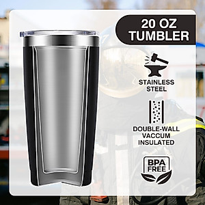 KIKERRO Thin Red Line Firefighter Gifts for Men, Fireman, Fire Fighter Department Team Essentials Coffee Mug Cup - 20oz Insulated Stainless Steel Tumbler, Black