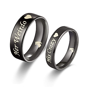 SunnyHouse Jewelry His or Hers Matching Set His Crazy Her Weirdo Titanium Stainless Steel Couple Ring