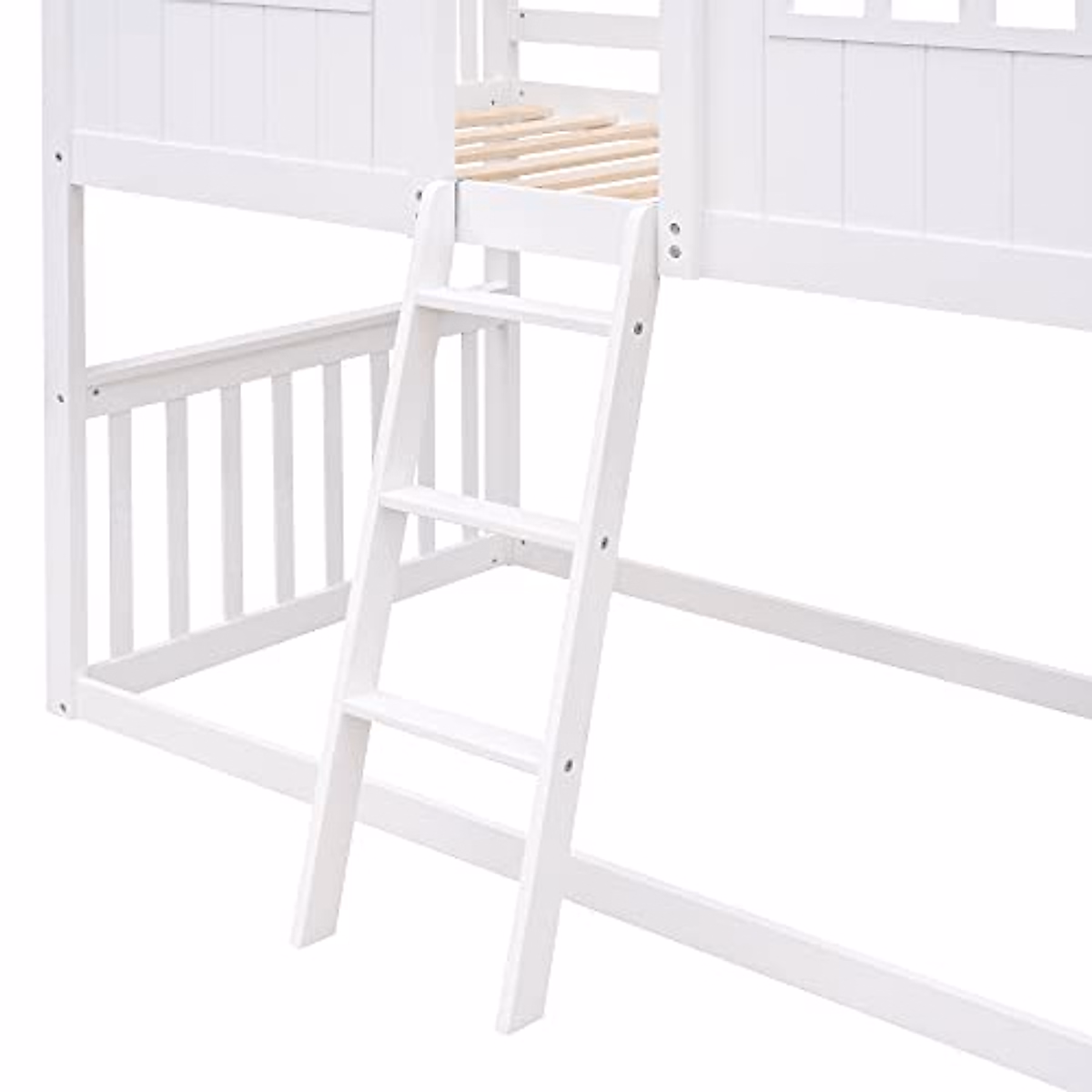 Yehha Twin Over Twin House Bunk Bed for Kids, Heavy Duty Wooden Bed w Roof and Windows, 75° Inclined Ladder, Guard Rails for Girls Boys Bedroom, White