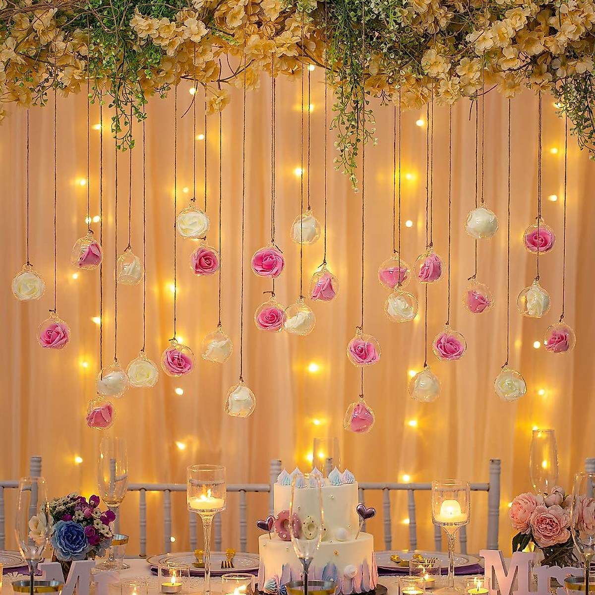 Nuptio 24 Pcs Hanging Glass Tealight Holder Globe 2.36" Diameter, Tea Light Candle Holders Wedding Christmas Halloween Home DIY Gifts, Garden Hanging Ornaments Outdoor Candle Holders