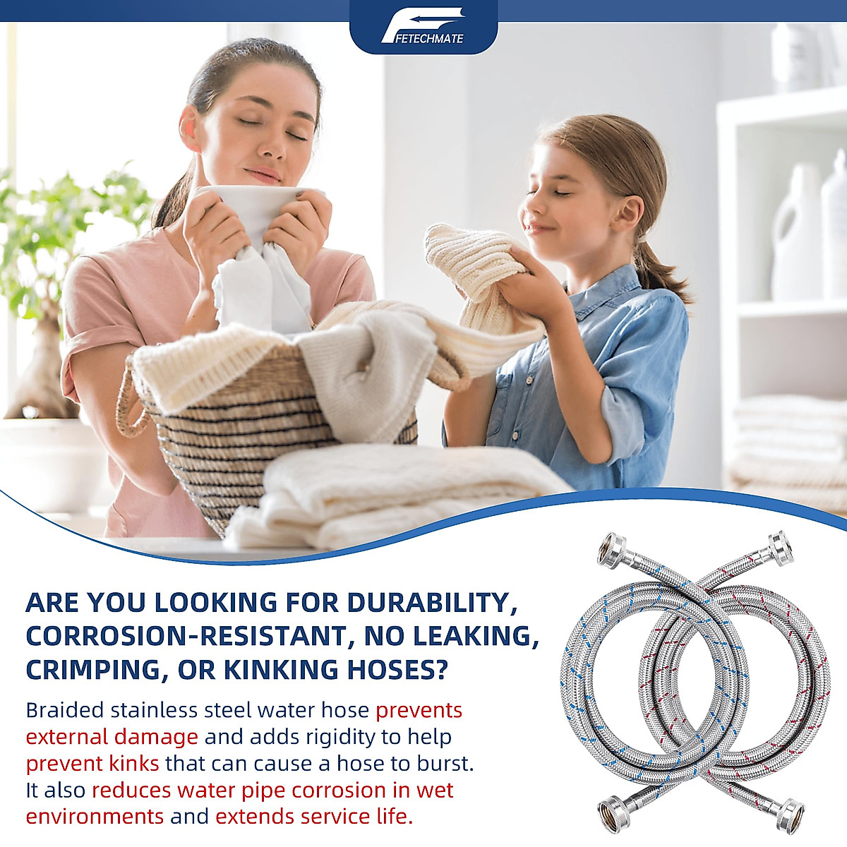 6FT Stainless Steel Washing Machine Hoses 3/4" NPT Connection Red and Blue Braid Water Supply Lines by Fetechmate Hot and Cold Premium Washer Hoses (2 Pack) - 10 YEAR WARRANTY