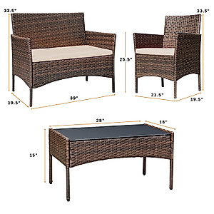 Flamaker Outdoor Furniture Patio Set Cushioned PE Wicker Rattan Chairs with Coffee Table 4 PCS for Garden Poolside Porch Backyard Lawn Balcony Use (Brown&Beige)