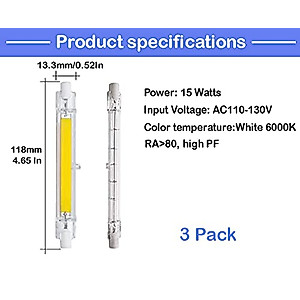 CTKcom 118mm/4.65In 15W White 6000K R7S LED Bulb (3 Pack) 110V T3 J Type Halogen Bulb Replacement 150W Halogen Bulb Equivalent Double Ended