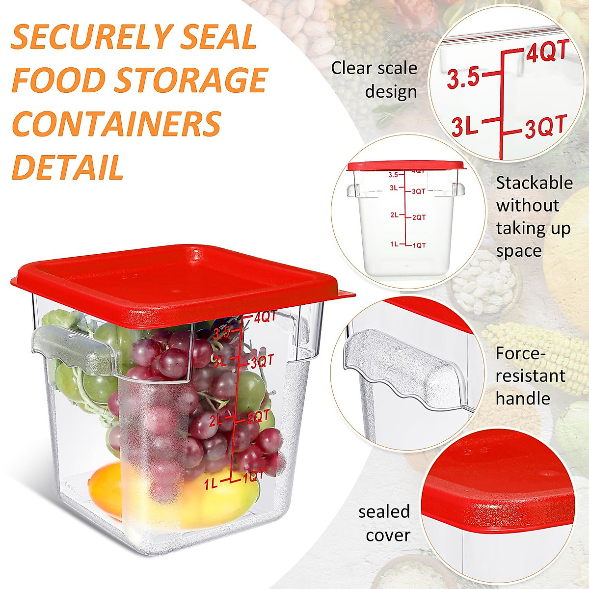 Yungyan 6 Pcs Commercial Clear Food Storage Containers 4 Qt Square Acrylic Airtight Food Storage Containers with Lids for Kitchen Restaurant Pantry Freezer Flour Sugar(Red)