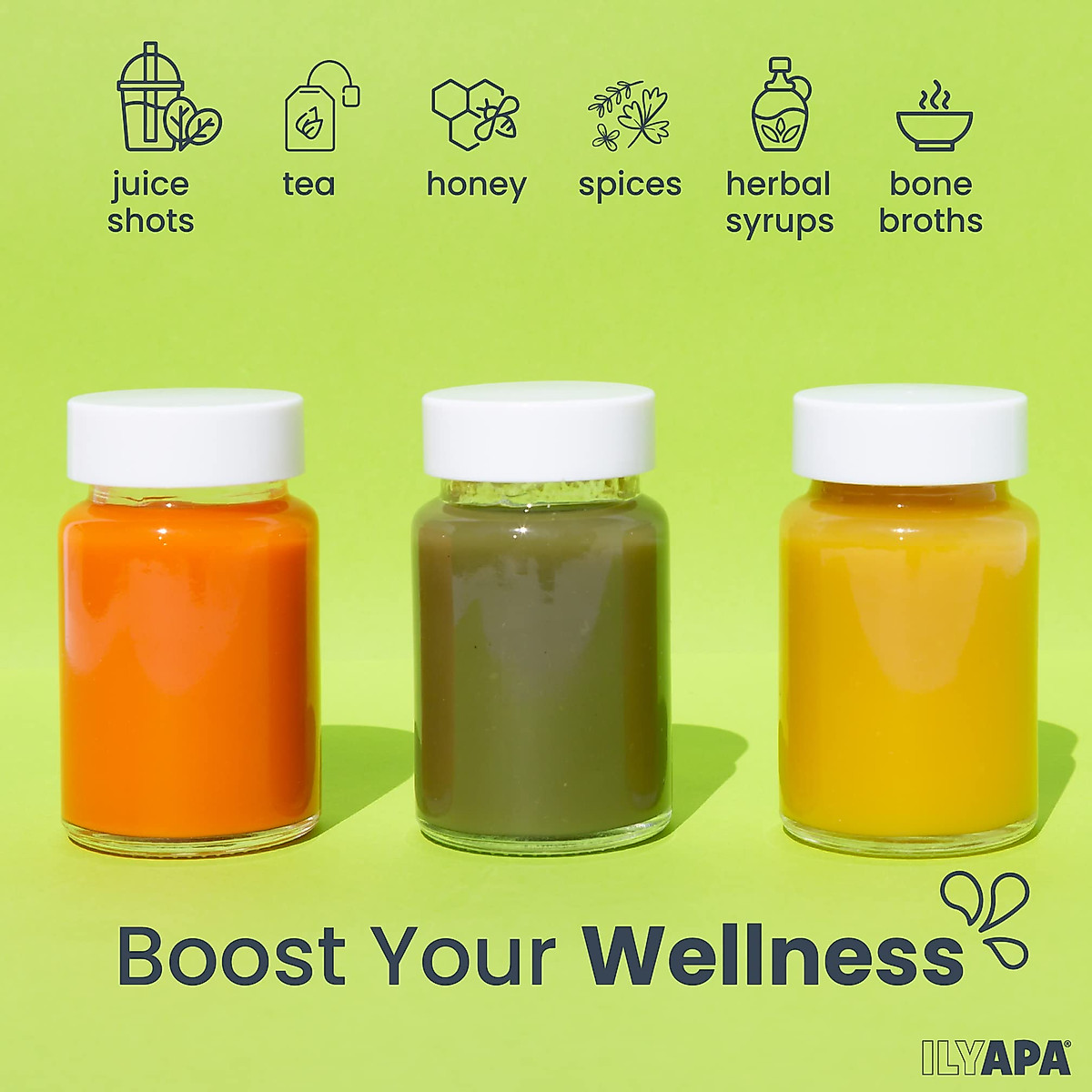 Ilyapa Glass Juice Shot Bottles Pack of 8-4oz On The Go Beverage Storage Container with White Cap, Reusable, Leak Proof