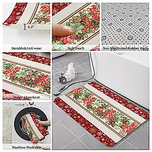 Poinsettia 1 Piece Water Absorbent Door Mat Anti-Skid Memory Foam Cushioned Rug Comfort Standing Floor Mat for Office Home Bathroom Kitchen 16x24 Inch Christmas Snowflakes Red Brown Stripes
