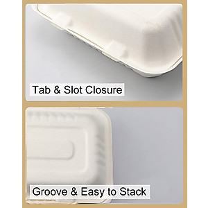 Elsjoy 90 Pack 9"x 6" Clamshell Take Out Containers, 2 Compartment Compostable Hinged Food Containers Disposable To Go Boxes, Sugar Cane Takeaway Boxes for Restaurant, Party, Microwave Safe