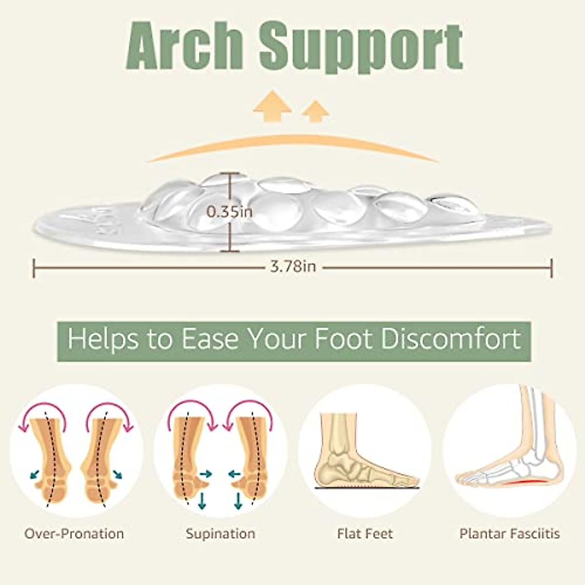 Skyfoot Arch Support Shoe Inserts, Massage Gel Arch Pads, Adhesive Arch Insoles for Flat Feet, High Arch, Plantar Fasciitis, Arch Pain Relief, Foot Pressure Relieve (Crystal)