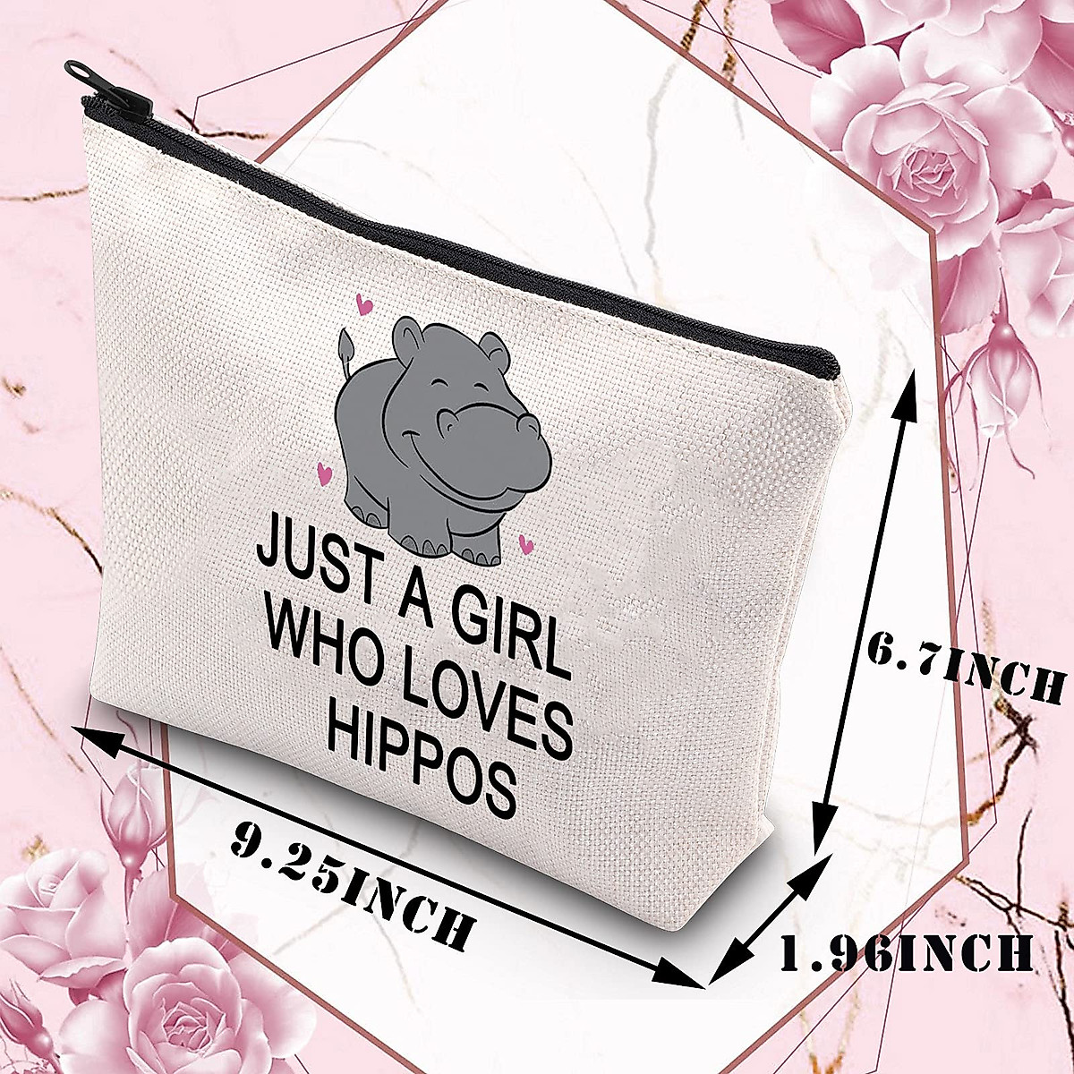 BDPWSS Hippo Makeup Bag Hippopotamus Gift Hippo Lover Gift Just a Girl Who Loves Hippos Cosmetic Pouch Hippo Theme Inspirational Toiletry Bag For Women Girls (Girl loves hippos)