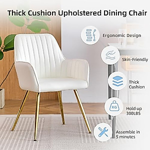 Purgreen Faux Leather Dining Chair Set of 2 - Modern Mid-Back Accent Chair with Gold Plating Legs - Upholstered Living Room Chair (Leather Beige, Set of 2)