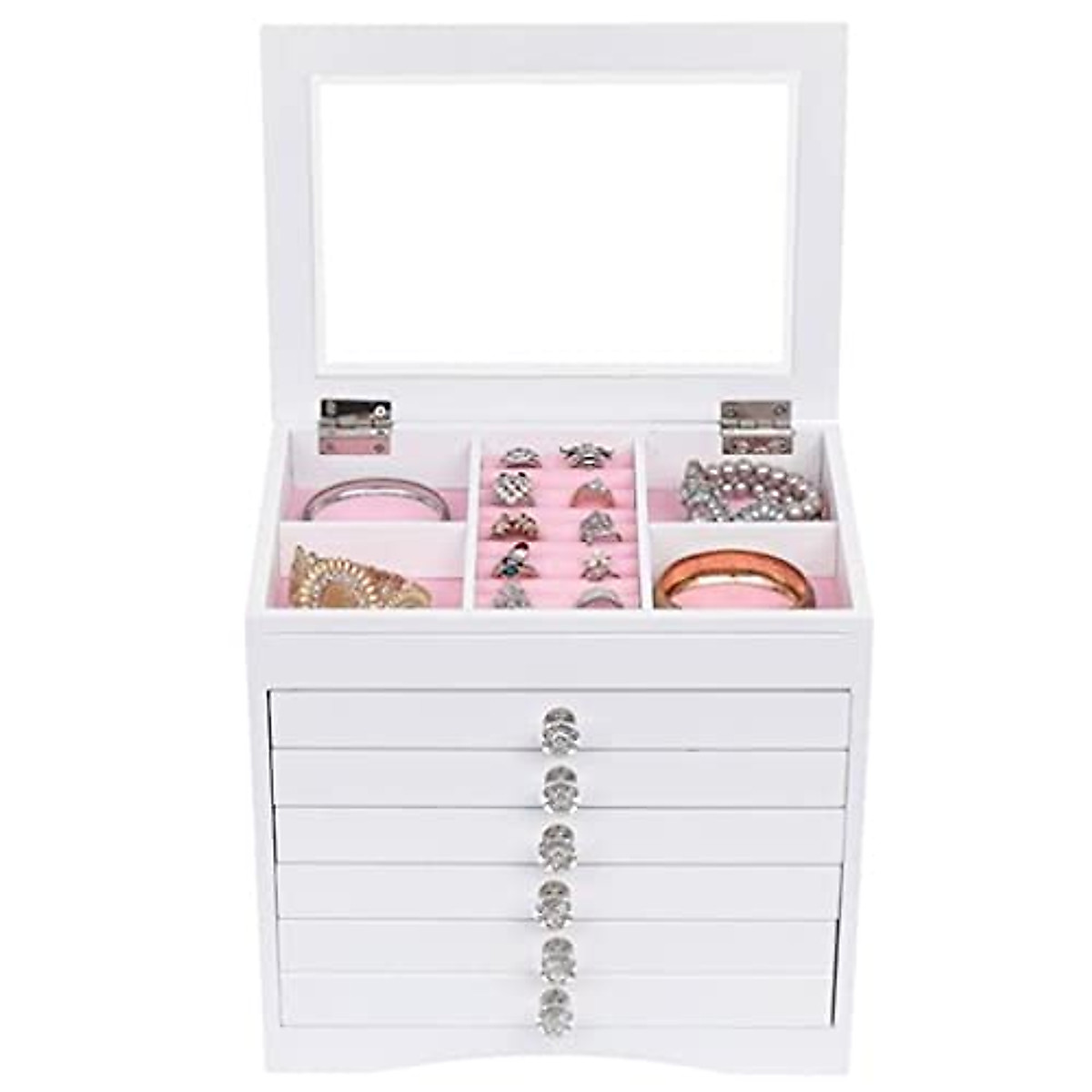 ZSEDP High Large Gloss Wooden Jewellery Box Armoire Bracelet Organizer Storage 5 Layers Glass White US Warehouse