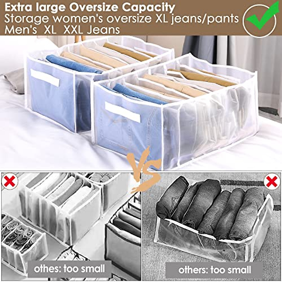 Extra Large Oversize Jeans Wardrobe Clothes Organizer, 7 Grid Mesh Closet Shelf Organizers for Jeans Pants T-shirts, 17.3-inch with Handle Foldable Drawer Storage Box Bedroom (White, 2Pcs Upgraded)