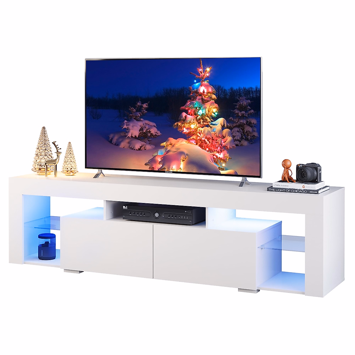 WLIVE 63 Inch TV Stand, LED Entertainment Center for 60 to 70 Inch TV, Modern TV Console with 2 Drawers, TV Stands for Living Room, White