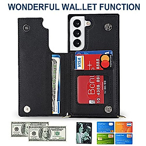 DEFBSC Compatible with Samsung Galaxy S21 FE Case, Crossbody Wallet Case, Adjustable Detachable Lanyard Neck Strap with Kickstand Leather Card Holder Protective Cover-Black