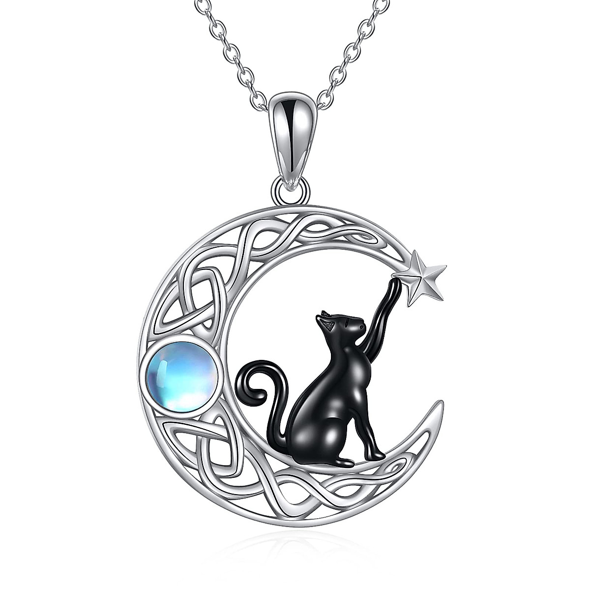 VONALA Celtic Moon Black Cat Necklace for Women Sterling Silver Cat Jewelry for Women Moonstone Necklace for Cat Lovers
