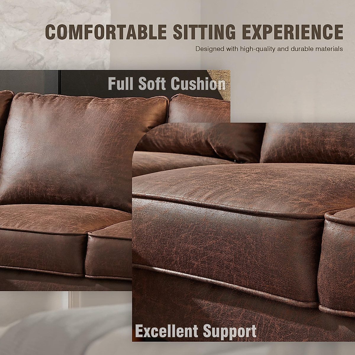 HOOOWOOO 81.51" L Shaped Couch Mid Century Modern Sectional Couch Brown Faux Leather Sofa with Left Chaise 3-Seater Rolled Arms Solid Wood Frame for Living Room Apartment,Chocolate Brown