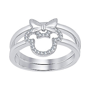 Mickey Mouse & Minnie Mouse Round Cubic Zirconia 14K White Gold Over 925 Sterling Sliver Bow Stacker Engagement Rings For Women's