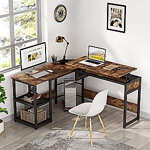 Tribesigns L Shaped Desk with Lift Top, Modern Sit to Stand Corner Computer Desk with Storage Shelves, Rustic Height Adjustable Standing Desk Workstation for Home Office (Rustic Brown)