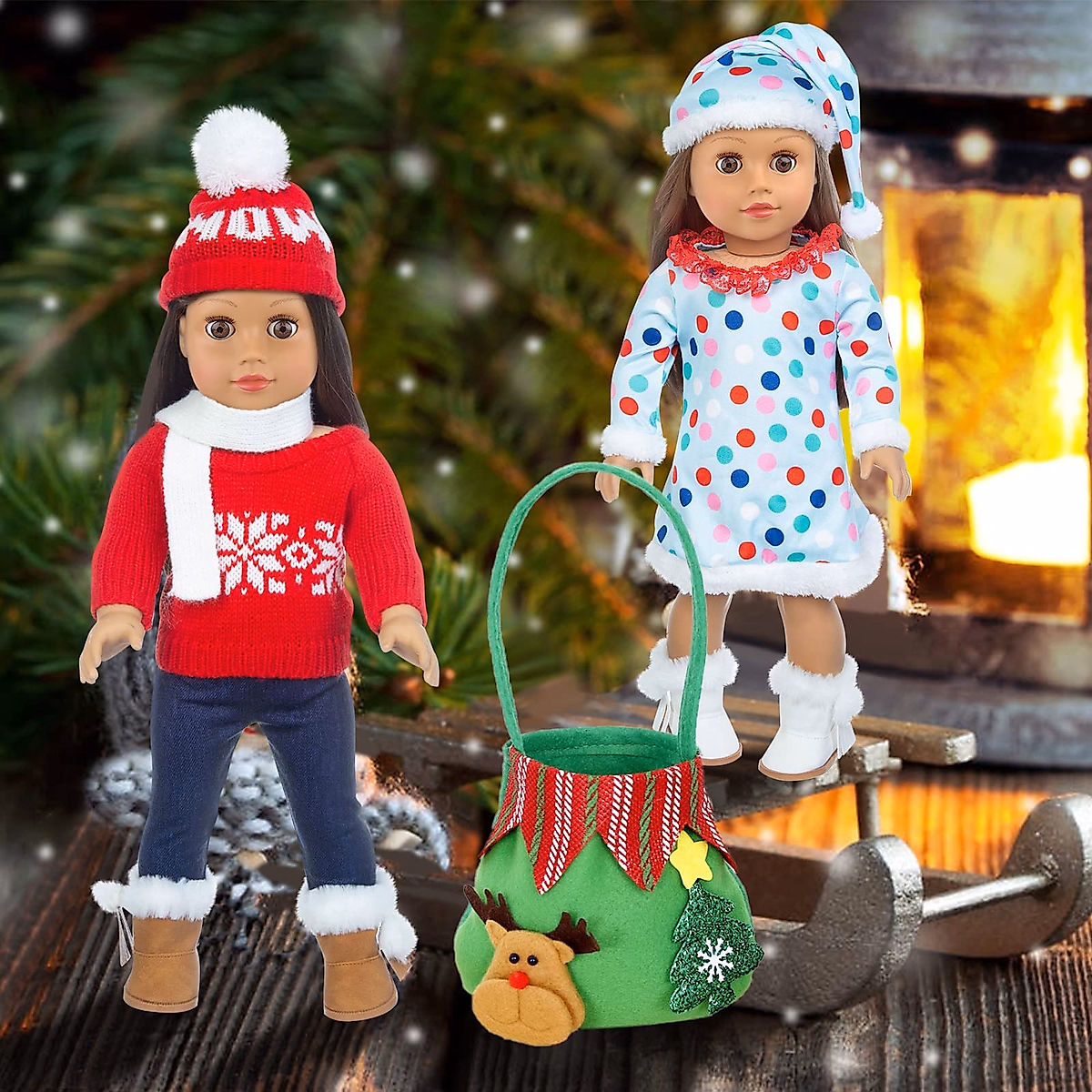 ZITA ELEMENT 2 Sets 18 Inch Girl Doll Christmas Clothes Outfits with Shoes and Christmas Accessories - 18 Inch Christmas Doll Clothes Dress Boots Hat Scarf Hairclips Bag