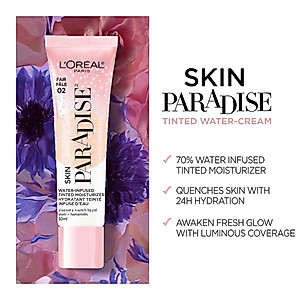 L'Oreal Paris Skin Paradise Water-infused Tinted Moisturizer with Broad Spectrum SPF 19 sunscreen lightweight, natural coverage up to 24h hydration for a fresh, glowing complexion, Light 01, 1 fl oz