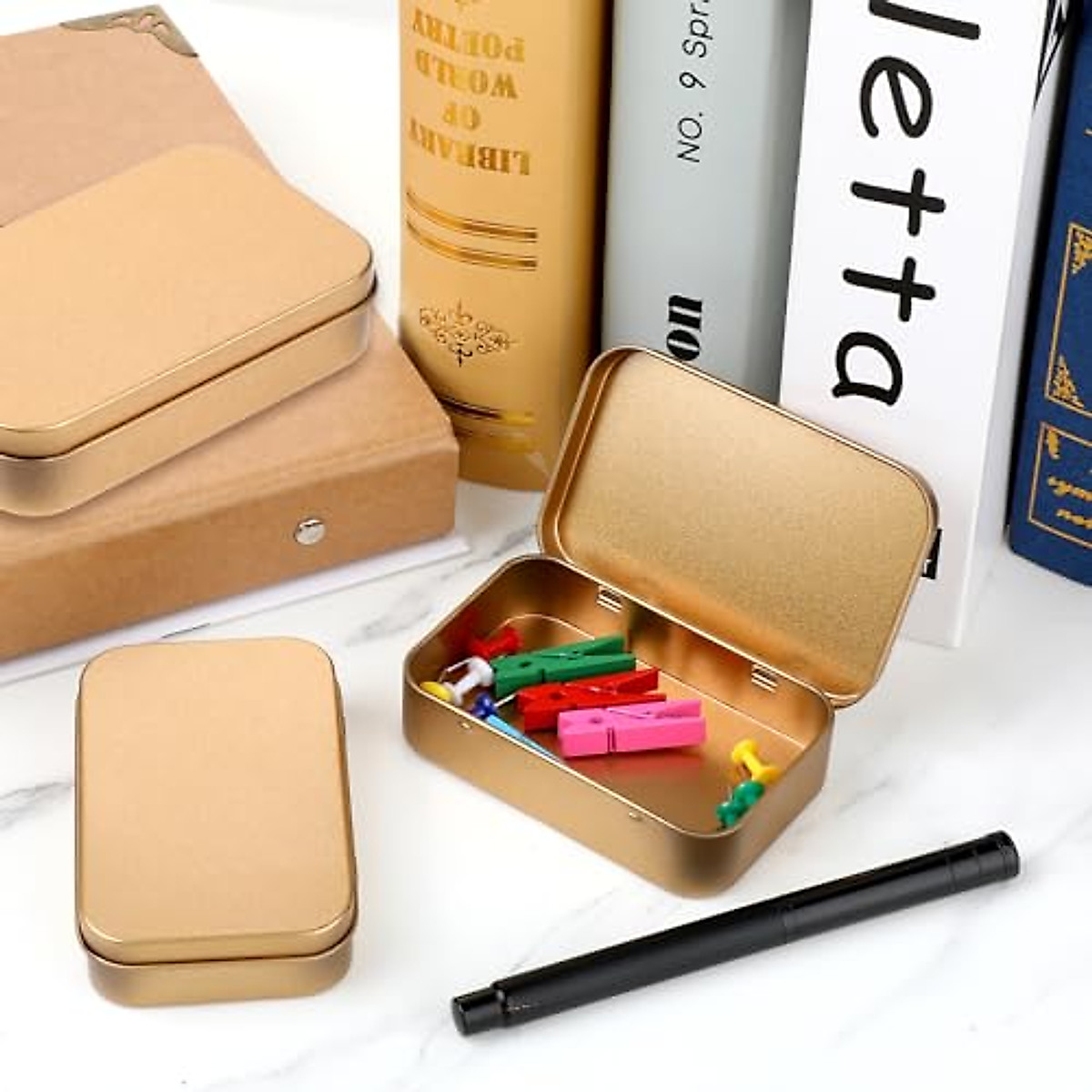 Bewudy 3 Pcs Metal Hinged Tin Box, Container Mini Portable, Small Storage Container Kit with Lid for Home Storage Outdoor Active Storage Containers Home Organizer Small Tins(Gold)