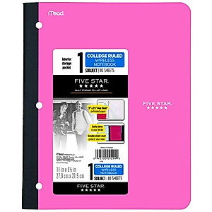 Five Star Bound Notebook with Pocket, 1 Subject, College Ruled Paper, 80 Sheets, 11" x 8-1/2", Color Selected For You, 1 Count (09294)