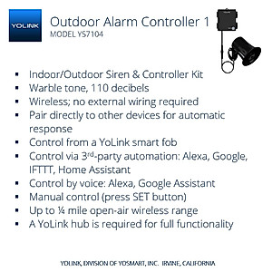 YoLink Outdoor Security Siren & Smart Alarm Controller Kit - Loud 110 dB, Wireless, Battery-Powered, 1/4 Mile Range, Android-iOS App, Alexa, Google, IFTTT, Home Assistant, Hub Required!