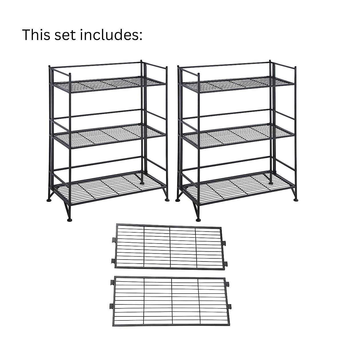 Convenience Concepts Xtra Storage 3 Tier Wide Folding Metal Shelves with Set of 2 Extension Shelves - Organizer for Living Room, Office, Bedroom, Garage, Kitchen, Bathroom, Black