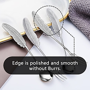 Teaspoons & Dessert Forks Set Feather Shape 18/10 Stainless Steel, Cute Silver Espresso Flatware Set for Dessert Coffee Ice Cream Pudding Condiment, 4pcs Tea Stirring Spoons & 4pcs Appetizer Forks
