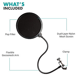 Movo PF-6 Dual Layer Nylon Mesh Microphone Pop filter, Gooseneck Arm and Clamp Mount. Pop Filter Delivers Professional Sound Quality Compatible with Blue Yeti, Blue Snowball Microphones and more
