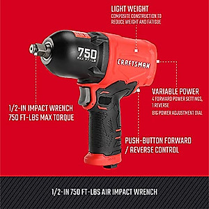 CRAFTSMAN 1/2-in 750 ft-lbs Air Impact Wrench, Composite Body, Variable Power Settings, 1/4-in NPT Air Inlet
