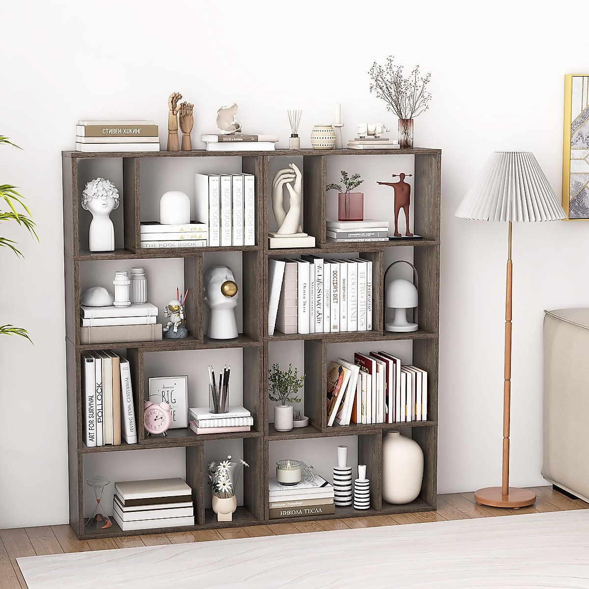 Tangkula 5 Tier Geometric Bookshelf, 48”H Freestanding 8-Cube Open Bookcase, Wooden Storage Display Shelf, 2 Anti-Toppling Devices, 8 Cubes Home Office Decor Room Divider for Living Room (1, Gray)