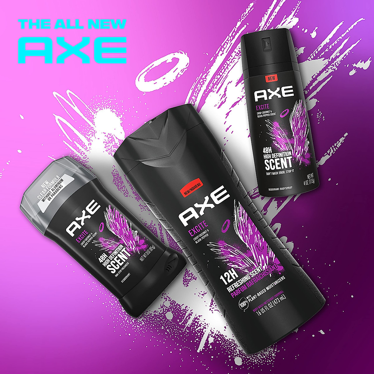 AXE Body Wash 12h Refreshing Scent Excite Crisp Coconut & Black Pepper Men's Body Wash with 100% Plant-Based Moisturizers 16 oz 4 Pack