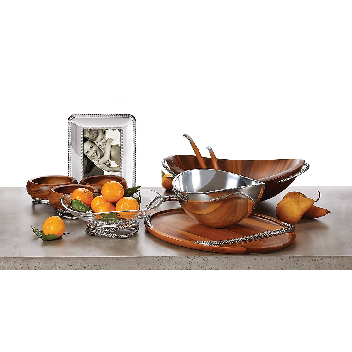 nambe Pulse Salad Bowl w/Servers | Large 13 Inch Salad Bowl with Serving Utensils | 3 Piece Decorative Wooden Salad Bowl Set | Made of Stainless Steel and Acacia Wood | Bowl is Dishwasher Safe