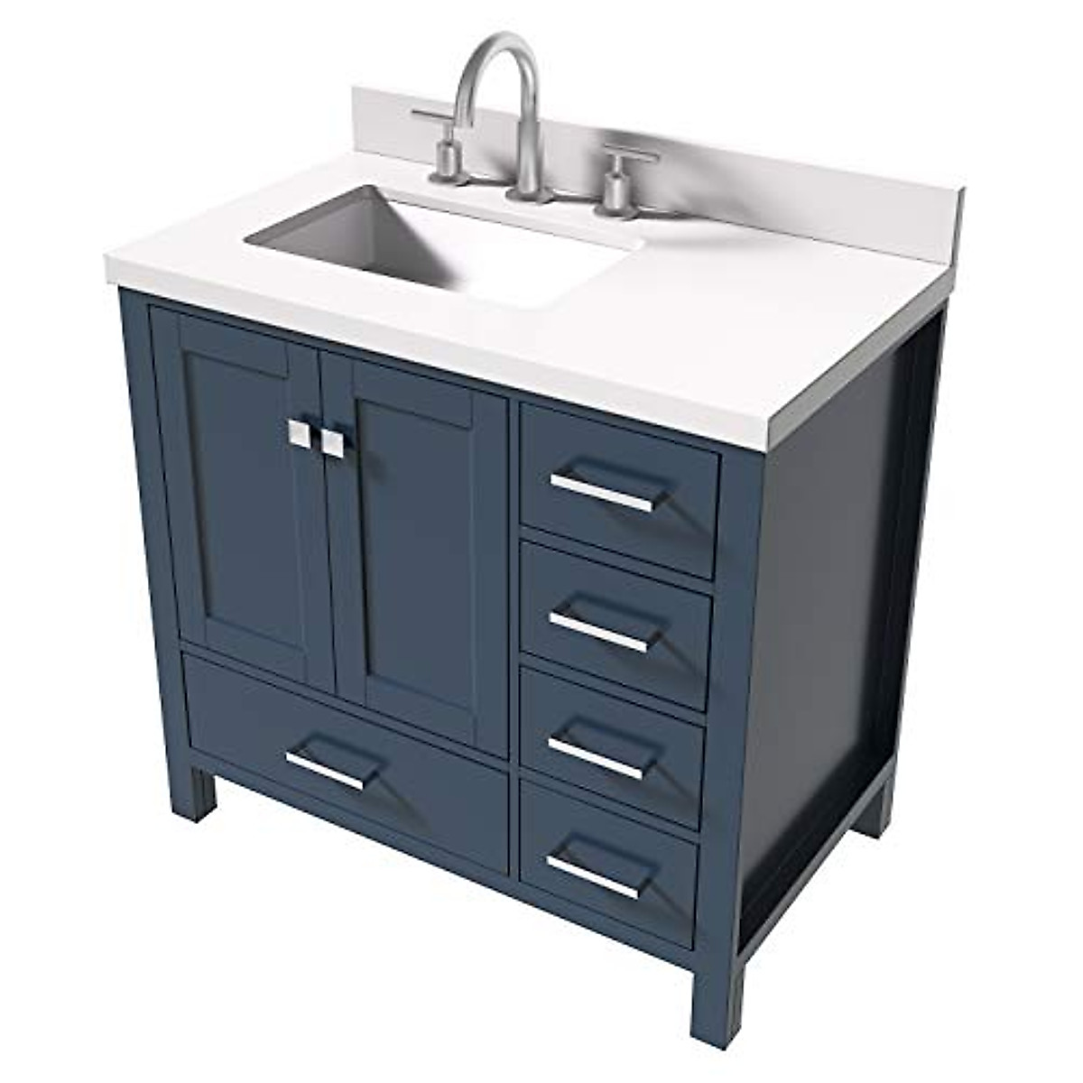 ARIEL 37" Midnight Blue Bathroom Vanity with 1.5" Edge Pure White Quartz Countertop & Backsplash, Left Rectangular Sink, 2 Soft Closing Doors, 5 Full Extension Dovetail Drawers, Satin Nickel