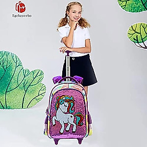 Egchescebo 3PCS Girls School Kids Rolling Backpack With Wheels Trolley Wheeled Backpacks for Girls Travel Bags Girls Backpack With Lunch Box Purple