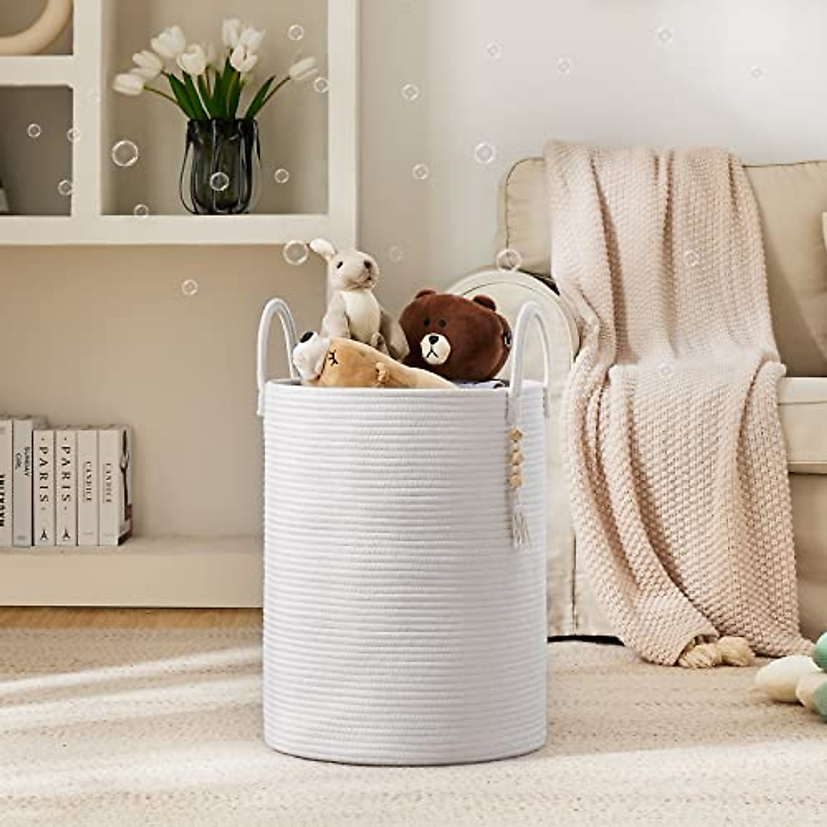 YOUDENOVA Cotton Rope Laundry Hamper Basket, 58L Tall Woven Collapsible Baskets for Blanket Organizing Clothes Hamper for Laundry Room Storage
