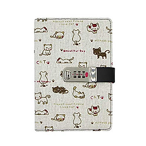 Cute Cat with Digital Password Lock, PU Leather Wided Ruled College Students Notebook Personal Travel Writing Journal Gift for Annersary Graduation(A5, Double Sided, 130Sheets/260Pages)
