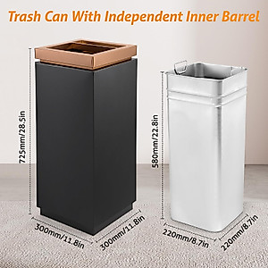 WICHEMI Trash Can Indoor Outdoor Commercial Trash Can with Lid Open Top Stainless Steel Industrial Large Garbage Can with Removable Inner Bucket Metal Trash Bin Square - 11.8x11.8x28.5in