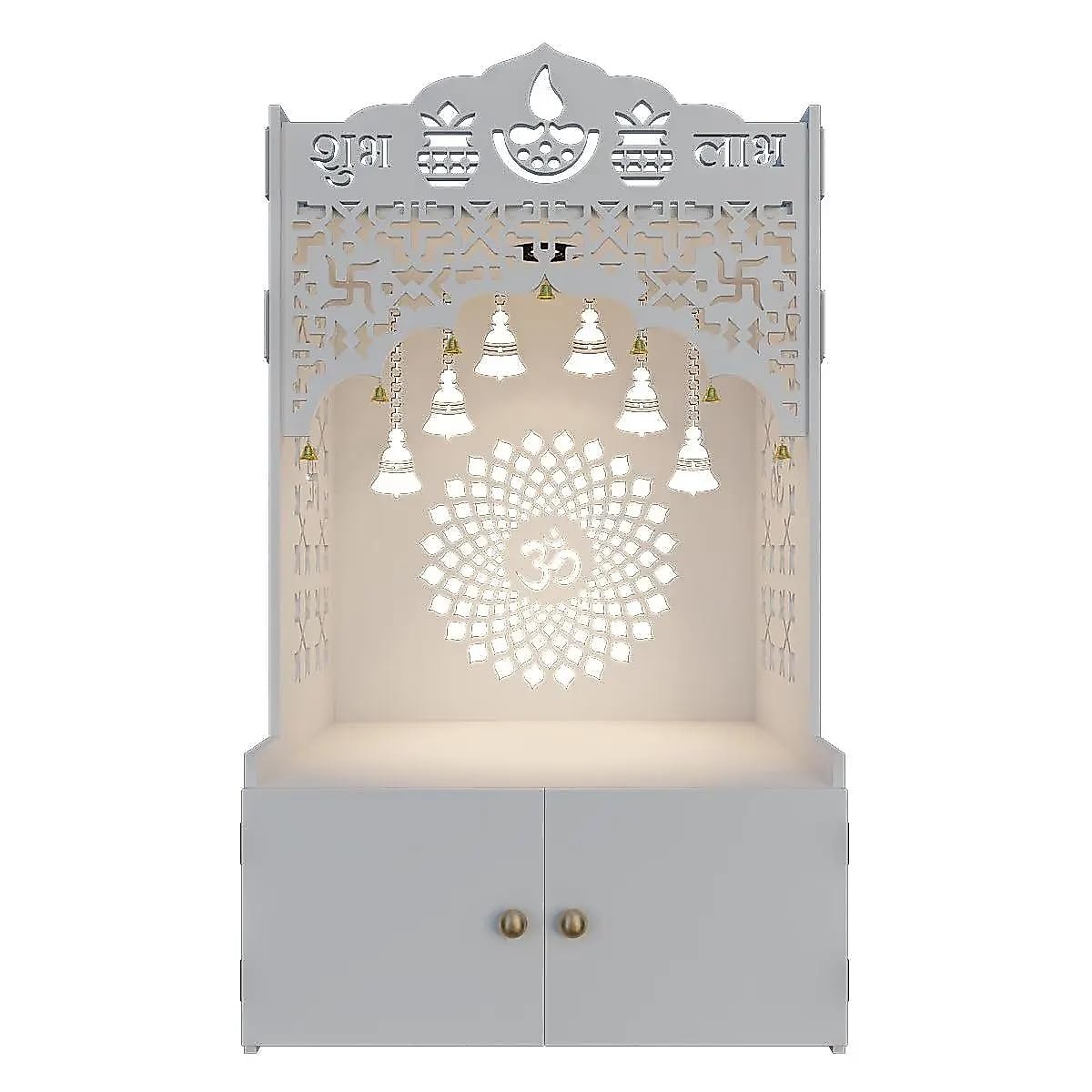 Homscape Divine Wooden Temple for Serenity with Spacious Shelf & Inbuilt Focus Light - White Color