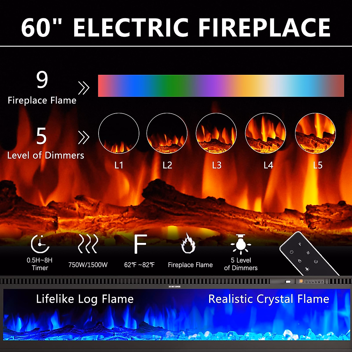 LUXOAK 65“ Fireplace TV Stand, Farmhouse Entertainment Center with 60" Tempered Glass Electric Fireplace, Industrial Media Console with Open Storage Space for TVs up to 75", Espresso