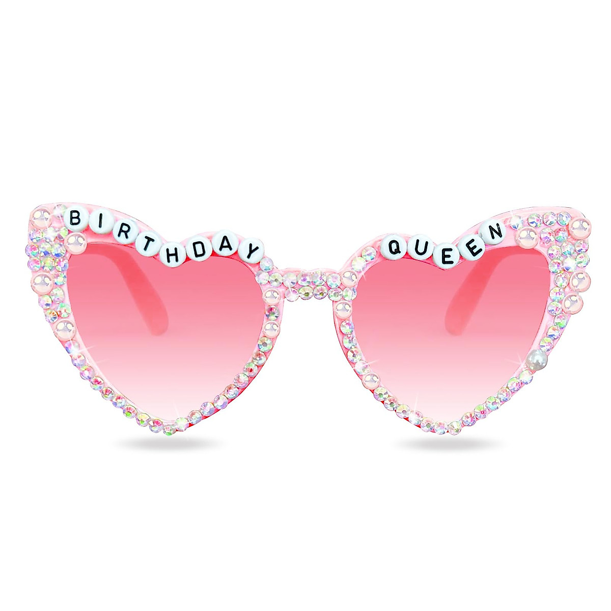 HokiiS Birthday Glasses for Women, Birthday Queen Sunglasses Pink Heart Shaped Shiny Bling Diamond Pearl Sunglasses for Girl Happy Birthday Party Gift Supplies Accessories Favors