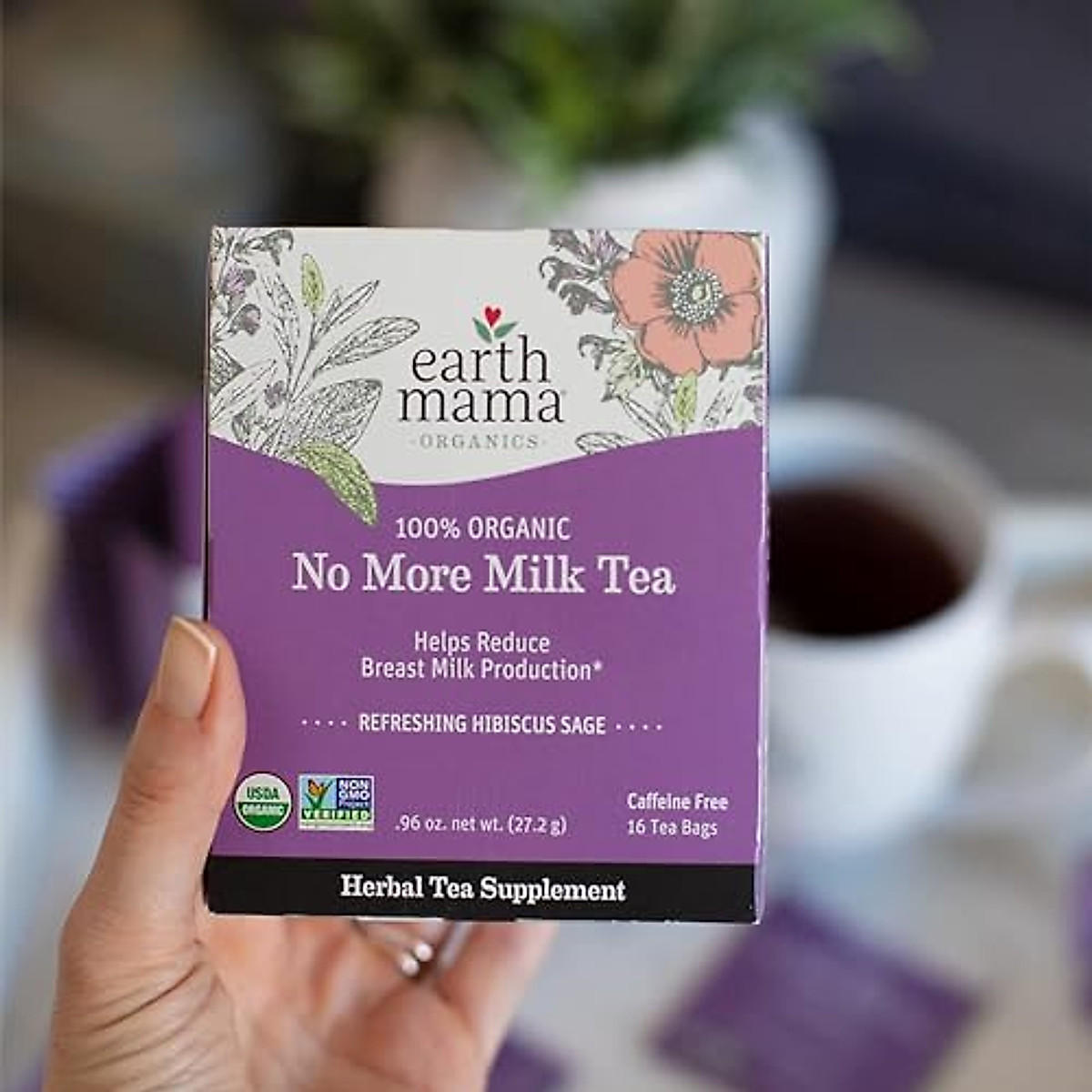 Earth Mama No More Milk Tea | Organic Herbal Tea Bags to Reduce Breast Milk Production, Stop Breastfeeding, & Wean Lactation Naturally, Postpartum Essentials, Decaf Tea With Hibiscus & Sage (16-Count)