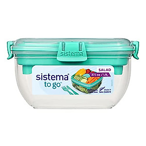 Sistema Salad Container for Lunch with Dressing Container, Bento Box 4 Compartment Tray, and Cutlery, Dishwasher Safe, 37.2-Ounce (Color may vary)