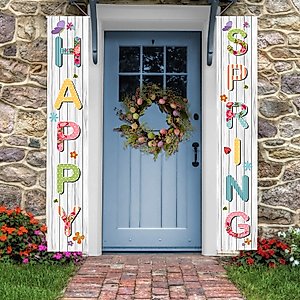 ORTIGIA Happy Spring Banner for Outdoor Colorful Floral Butterflies Porch Sign Decorations Outdoor Indoor Vintage Holiday Hanging Flags Wall Decor for Front Door Home Party Supplies