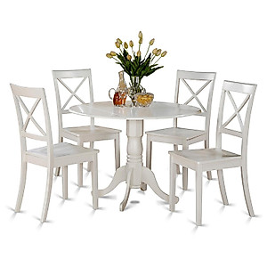 East West Furniture DLBO5-WHI-W 5 Piece Kitchen Table Set for 4 Includes a Round Dining Room Table with Dropleaf and 4 Solid Wood Seat Chairs, 42x42 Inch, Linen White
